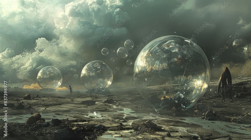 A barren wasteland littered with shattered glass, where ominous bubbles ...