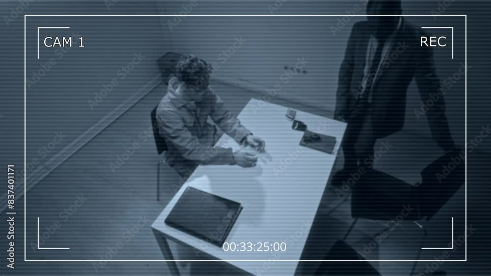 Surveillance camera shot of African American male police officer bringing in murder suspect in ...