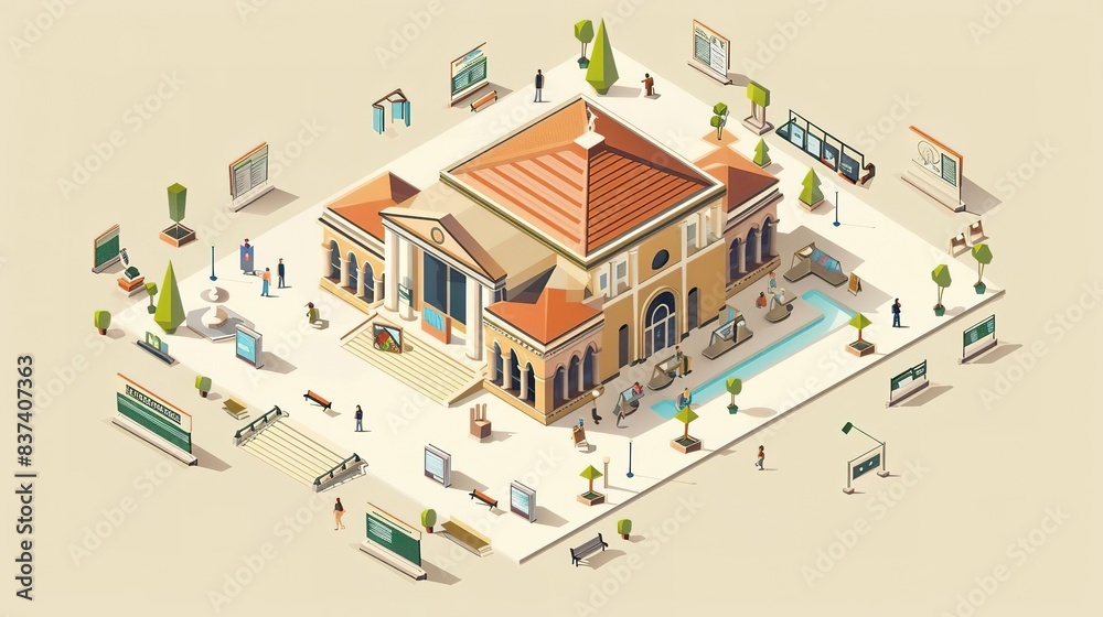 Isometric view of a museum with educational displays and architectural ...