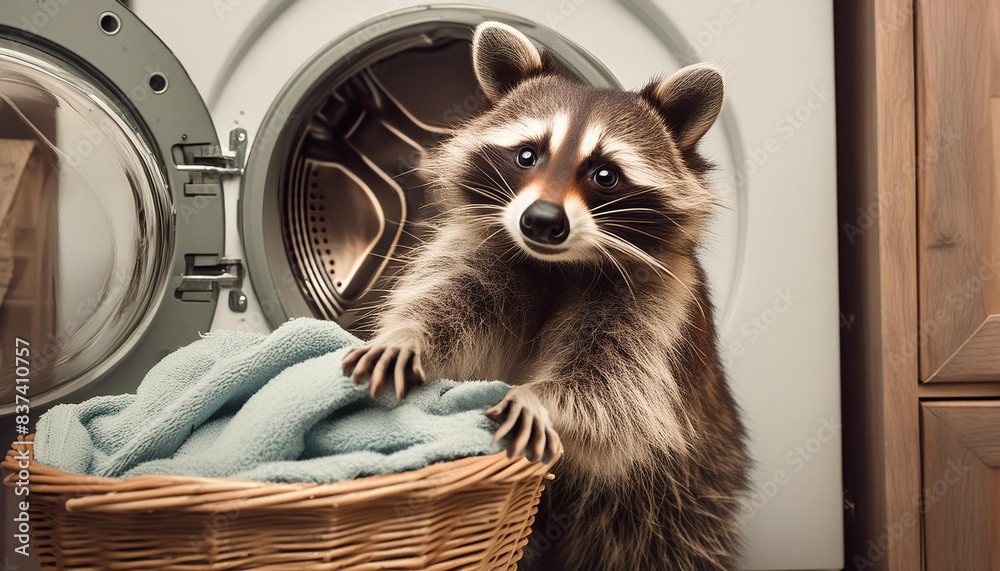 Surrealistic background with a raccoon washing its clothes in the ...