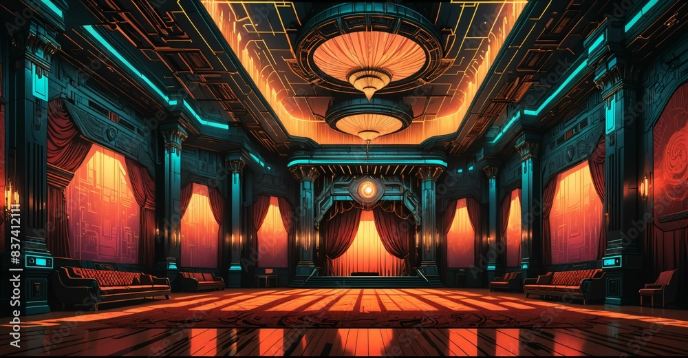 ภาพประกอบสต็อก cyberpunk palace ballroom theatre hall. futuristic ...