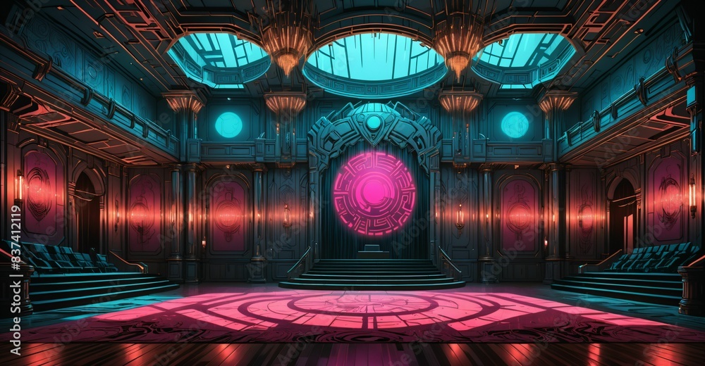cyberpunk palace ballroom theatre hall. futuristic abandoned sci-fi ...