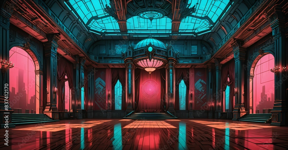 ภาพประกอบสต็อก cyberpunk palace ballroom theatre hall. futuristic ...