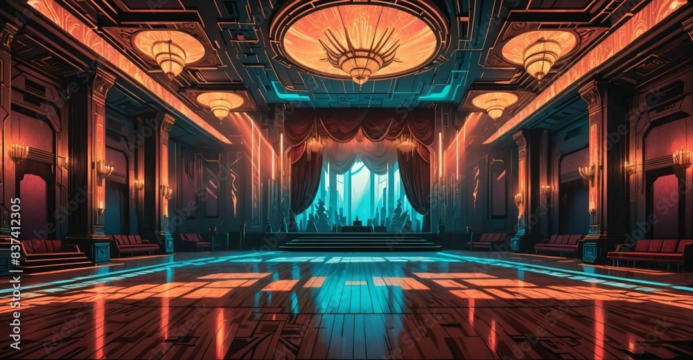 cyberpunk palace ballroom theatre hall. futuristic abandoned sci-fi ...