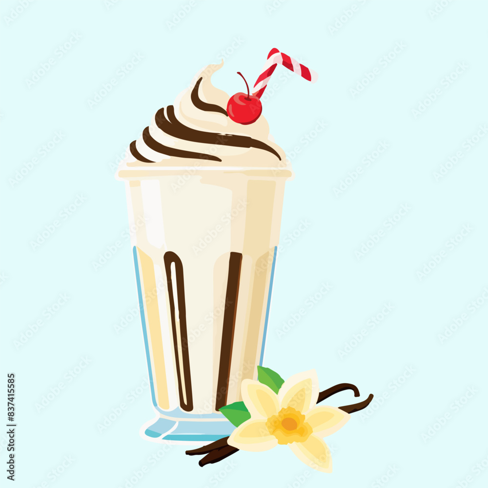 Vanilla milkshake with whipped cream and Schoko topping icon. Glass of ...