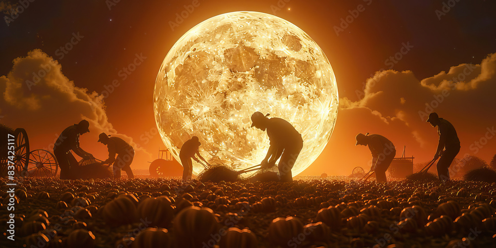 The Harvest Moon Rises High - Under the glow of the full harvest moon, farmers work in unison ...