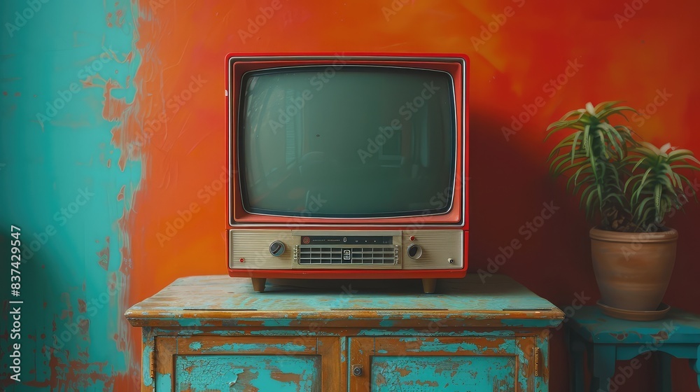 Nostalgic Entertainment: Retro TV on a Table Against an Orange ...