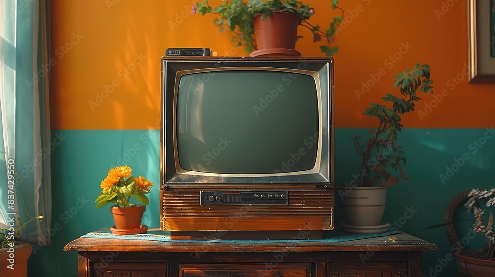 Nostalgic Entertainment: Retro TV on a Table Against an Orange ...