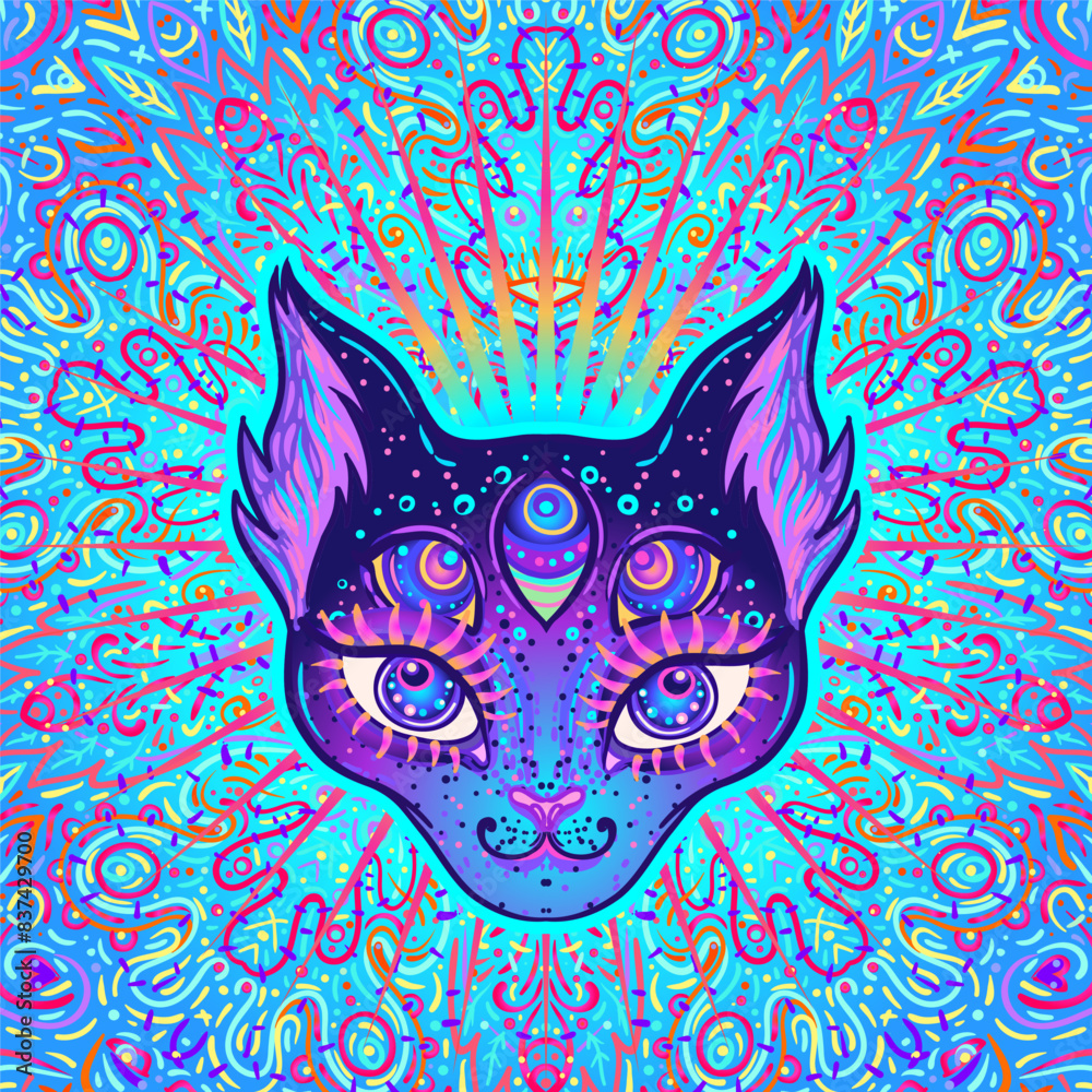 Cute fox or cat face over psychedelic ornate pattern with mushrooms ...