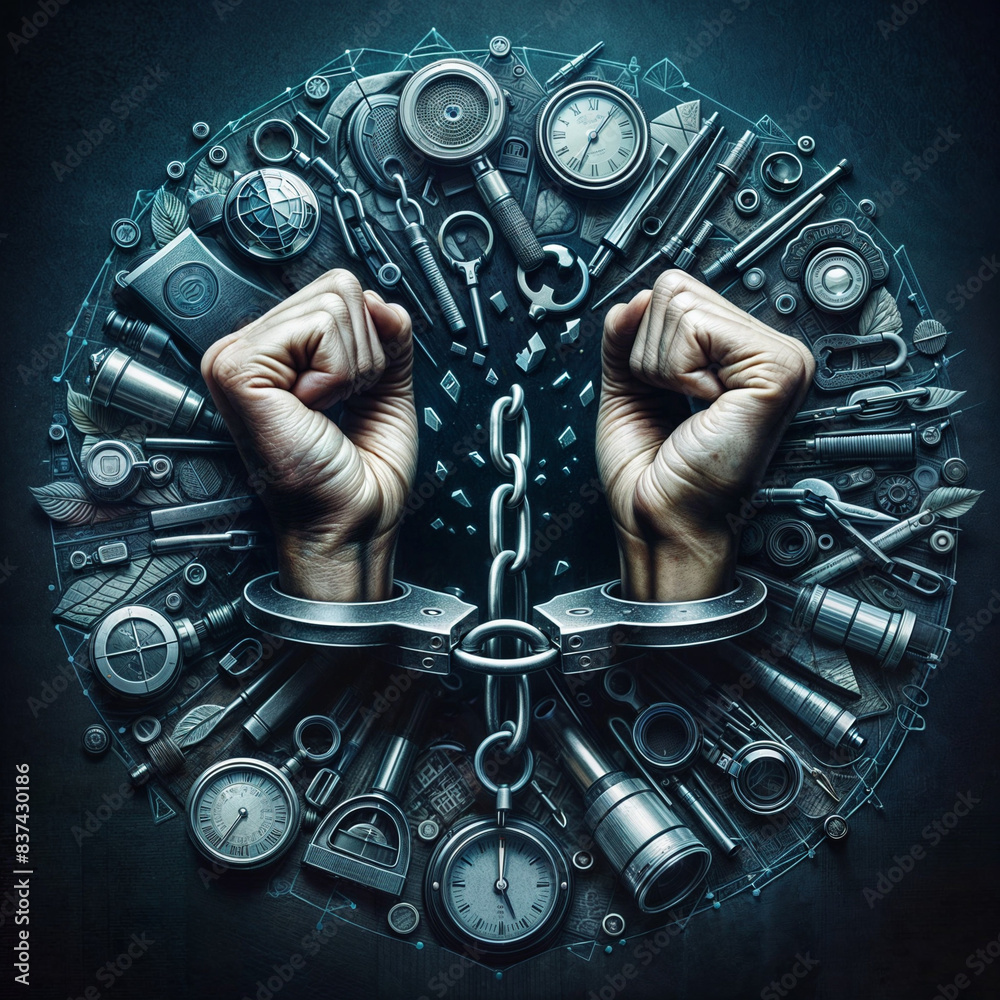 Hands in fists breaking the chain of shackle cuffs freedom concept ...