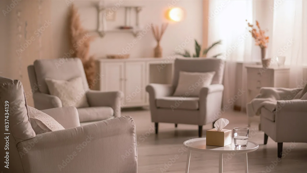 Empty therapist's office, room with comfortable chairs, soft lighting ...