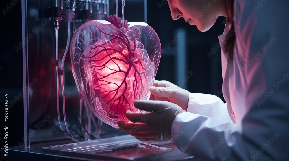 Scientist examining an artificial heart model in a laboratory ...