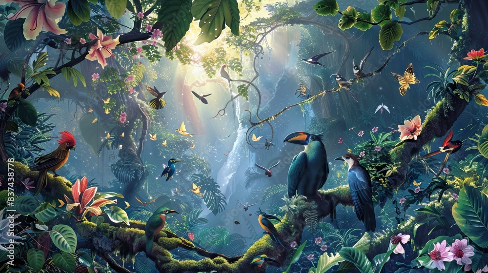 ภาพประกอบสต็อก Tropical jungle pattern wallpaper with palm trees plants ...