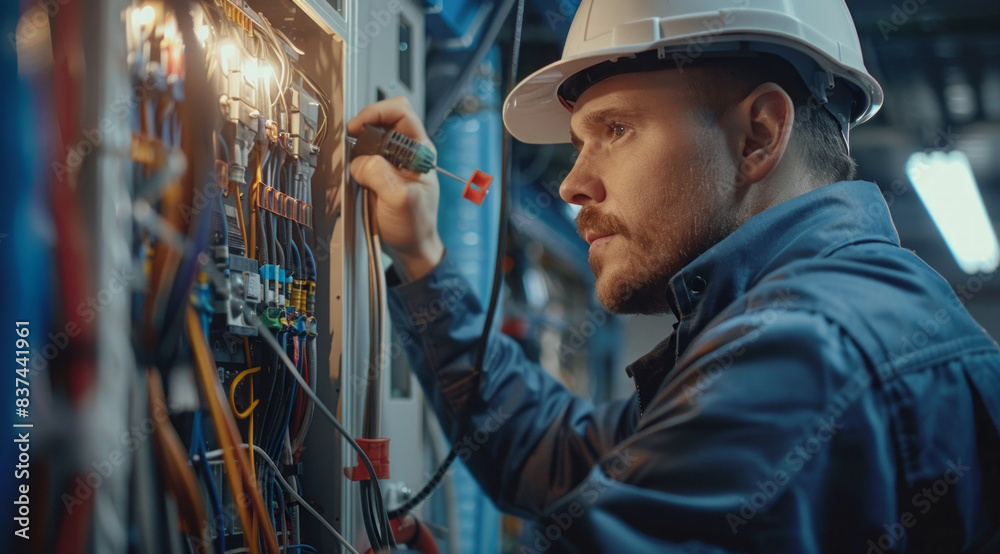 Electrician working on electrical wires in new home renovation project ...
