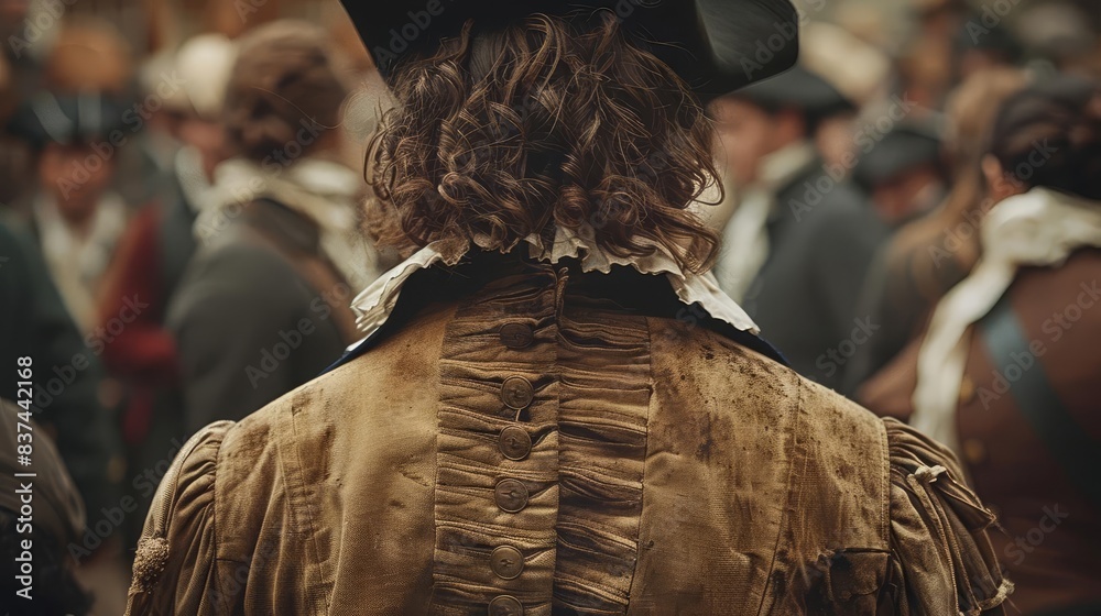 Illustrate a rear view of a person in colonial attire during an ...