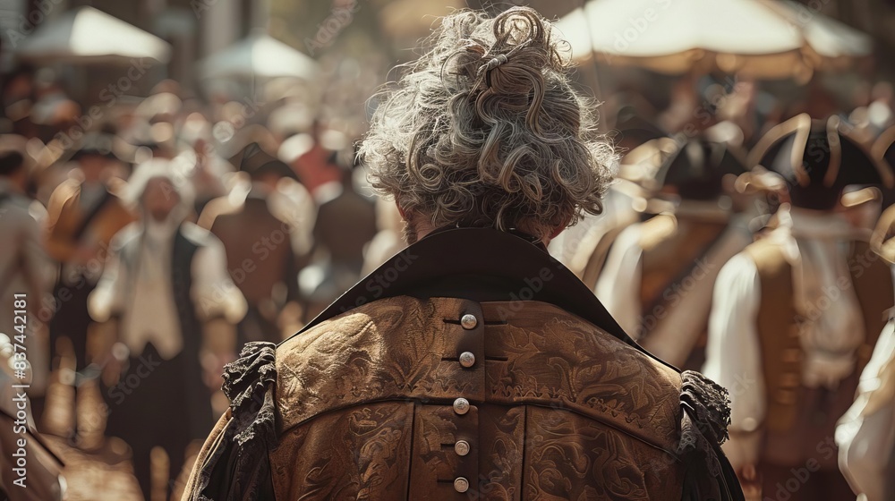 Illustrate a rear view of a person in colonial attire during an ...