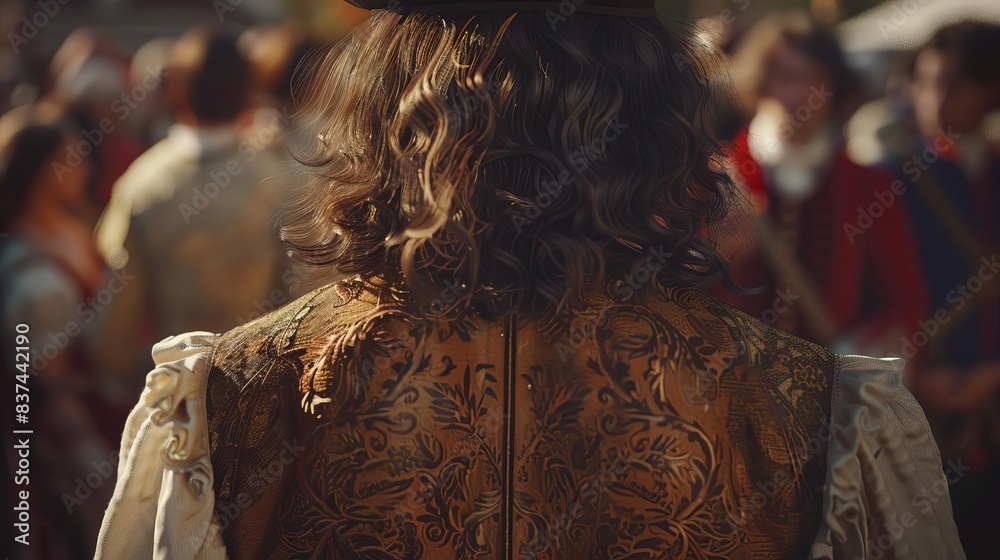 Illustrate a rear view of a person in colonial attire during an ...