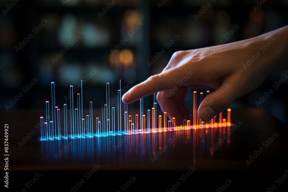 Hand interacting with a glowing 3D bar graph, representing data analysis and innovation in a ...