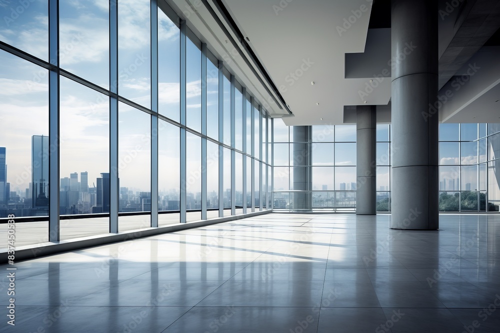 Modern empty office space with large windows offering a panoramic city ...