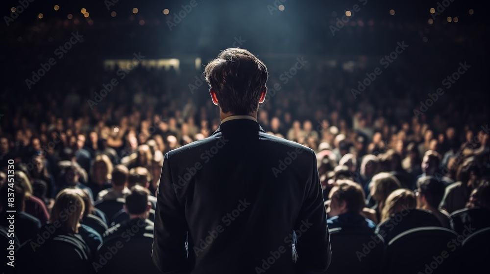 Speaker addressing a large audience in a grand hall, highlighting the ...