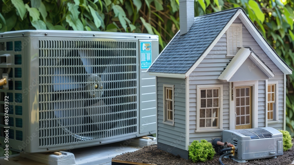 A vintage-style air conditioner next to a classic house model ...