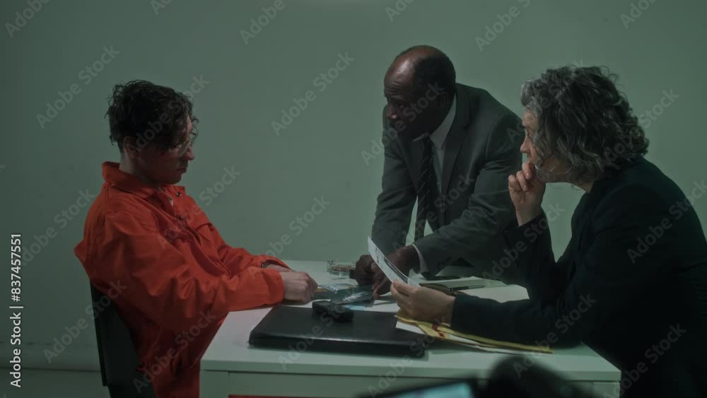 Medium side shot of angry African American federal agent shouting at ...