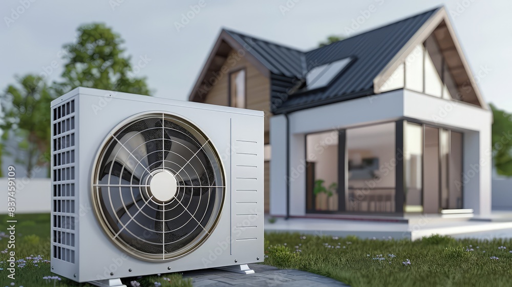 eco-friendly air conditioning unit beside a modern house model, emphasizing sustainable home ...