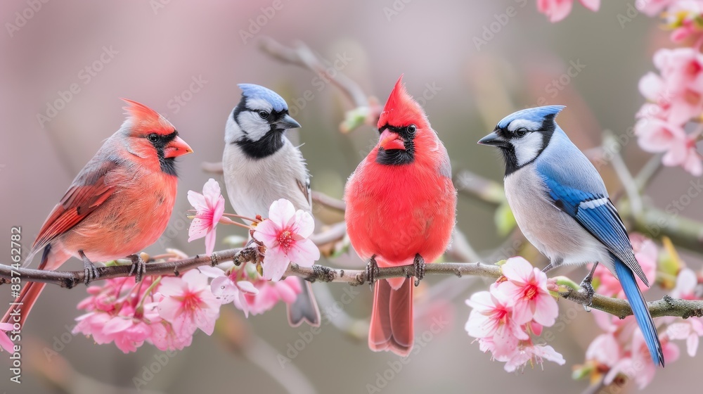 Colorful Birds on Cherry Blossom Branch. A vibrant depiction featuring ...