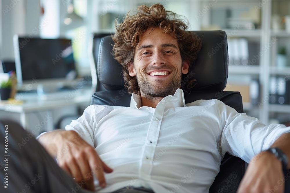 Smiling man relaxing in an office chair in a modern workplace with a ...