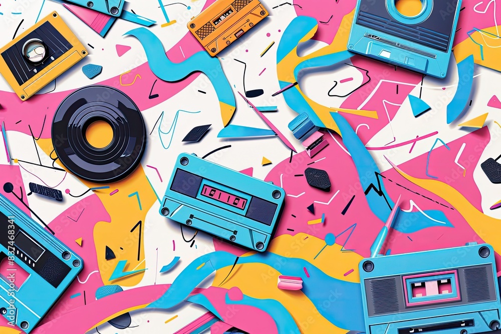 Colorful retro cassette tapes and geometric patterns creating a vibrant ...