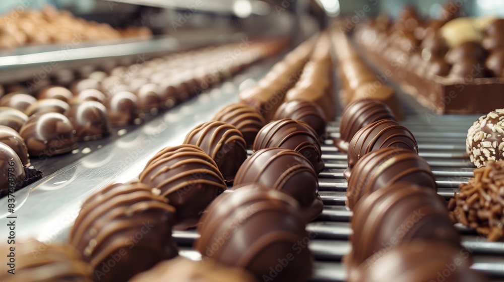Chocolate Candies on a Production Conveyor Belt. A detailed look at a ...