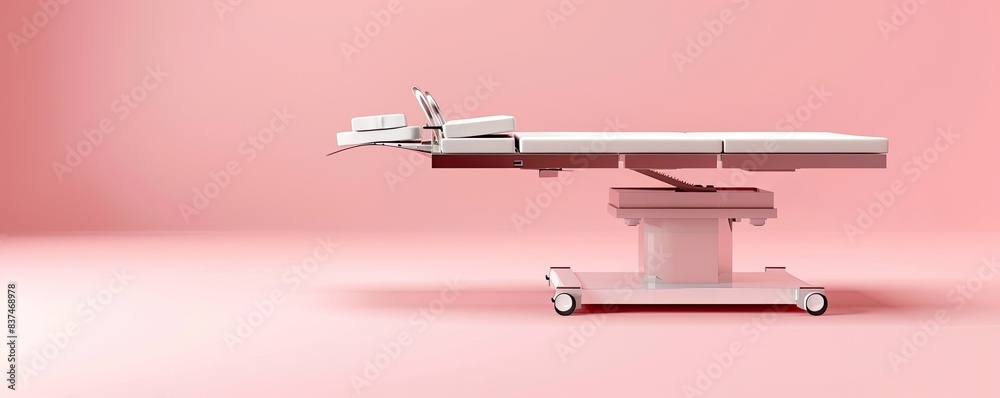 Modern medical examination table in a pink room, with a minimalist ...