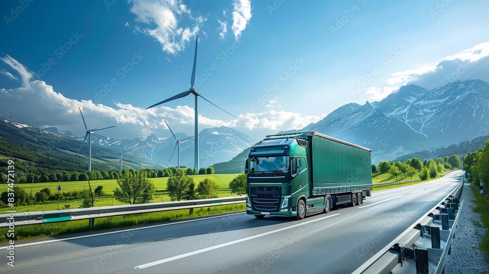 Eco-friendly logistics operation featuring electric trucks, a solar ...