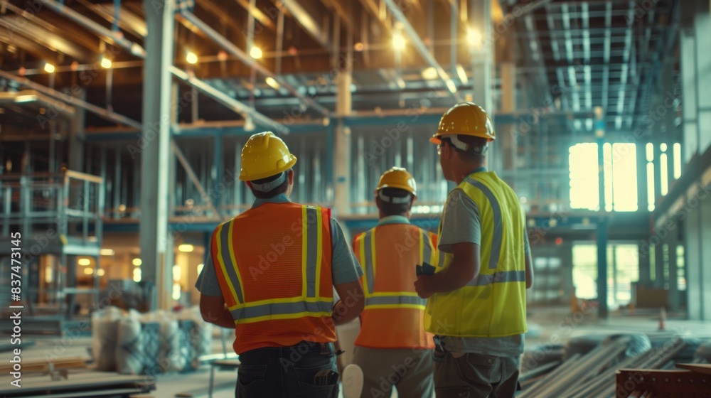 Industrial workers in safety vests and hard hats collaborating on a ...