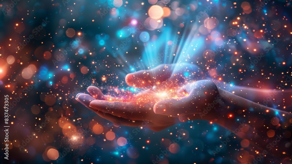 Ethereal hands enveloping Earth with beams of light, drifting through a ...