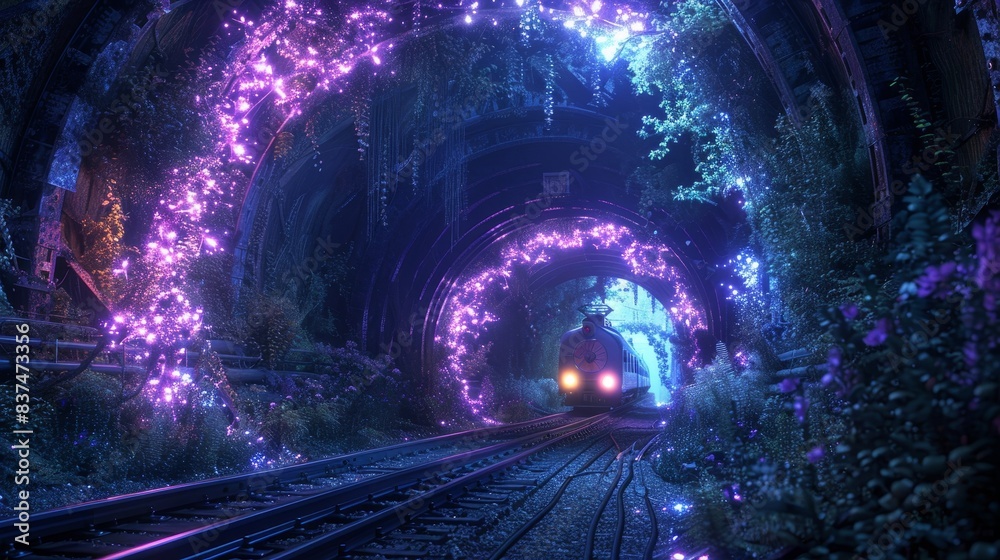 Fantasy railway tunnel adorned with magical runes and bioluminescent ...