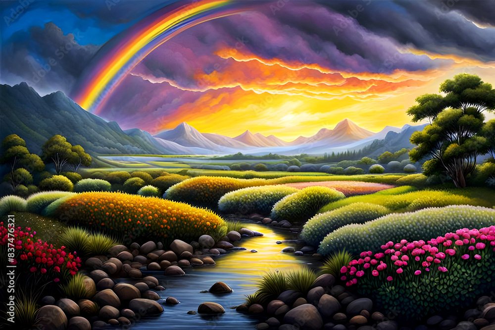 beautiful dramatic landscape painting - rainbow arcing through a cloudy ...