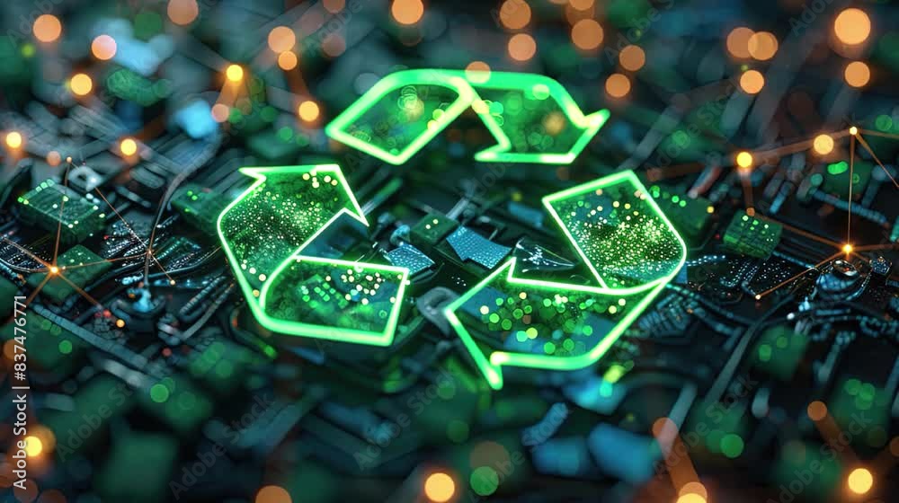 3D recycling symbol in a green neon color, connected to a series of ...