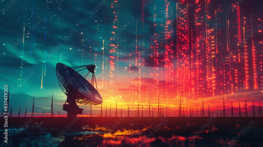 Dynamic scene of a satellite dish transmitting radio waves, with ...