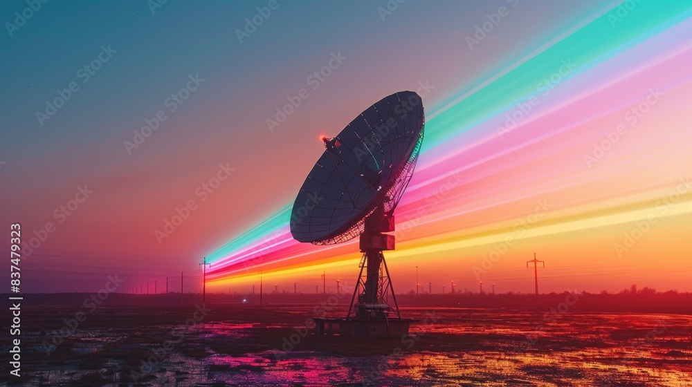 Dynamic scene of a satellite dish transmitting radio waves, with ...