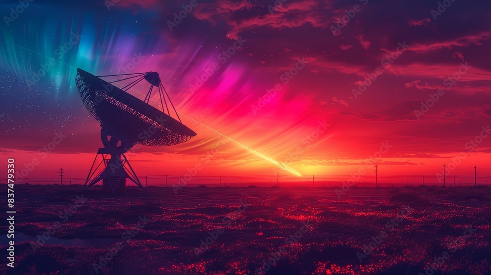 Dynamic scene of a satellite dish transmitting radio waves, with ...