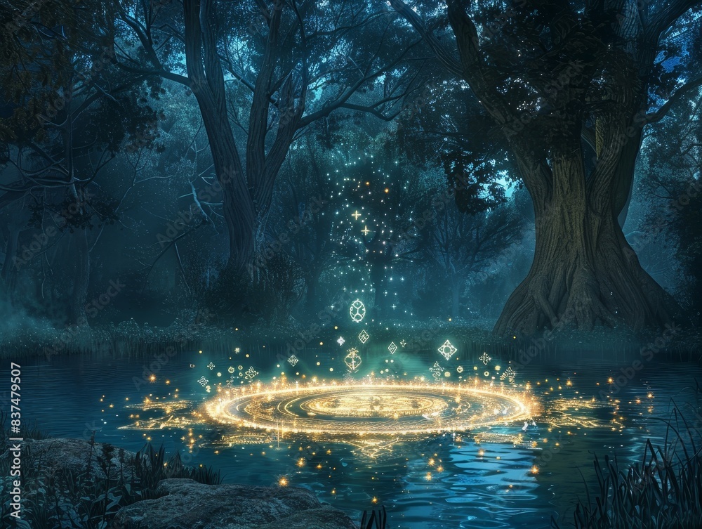 Ethereal pond at night, surrounded by ancient trees, a glowing magic ...