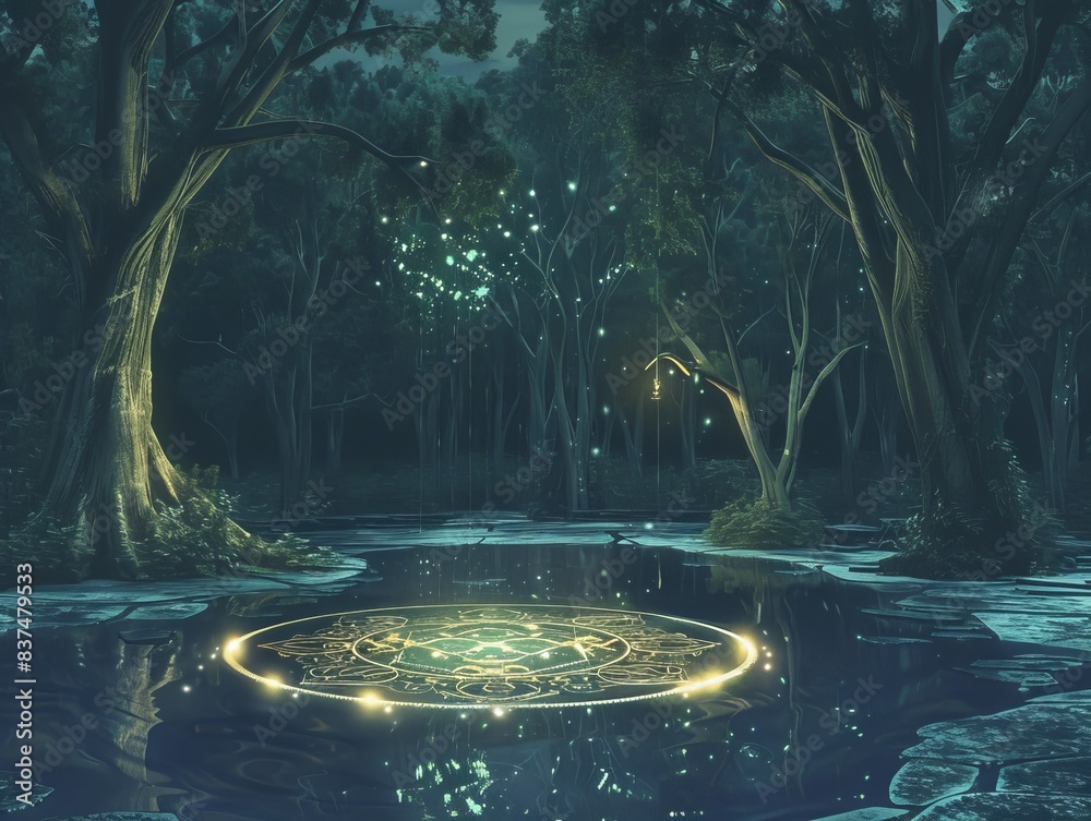 Ethereal pond at night, surrounded by ancient trees, a glowing magic ...
