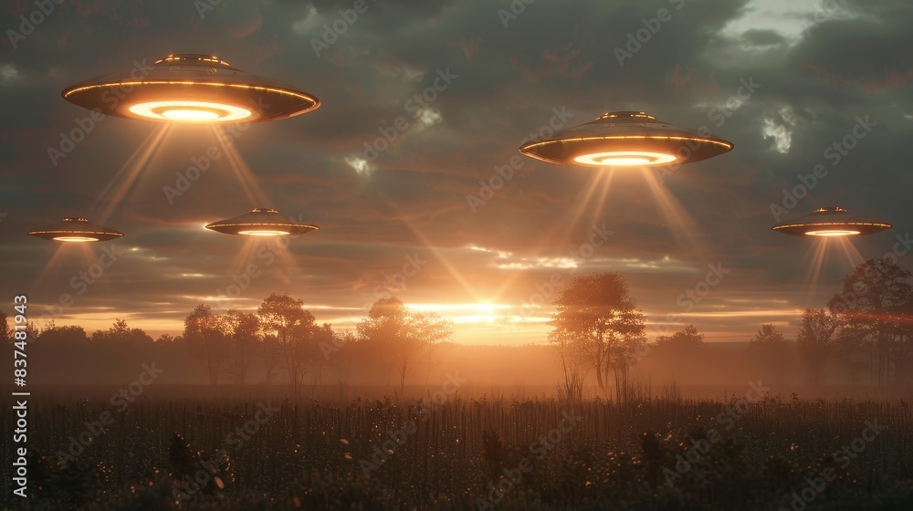 Multiple UFOs hovering above a cornfield, casting intense beams of light that cut through the ...