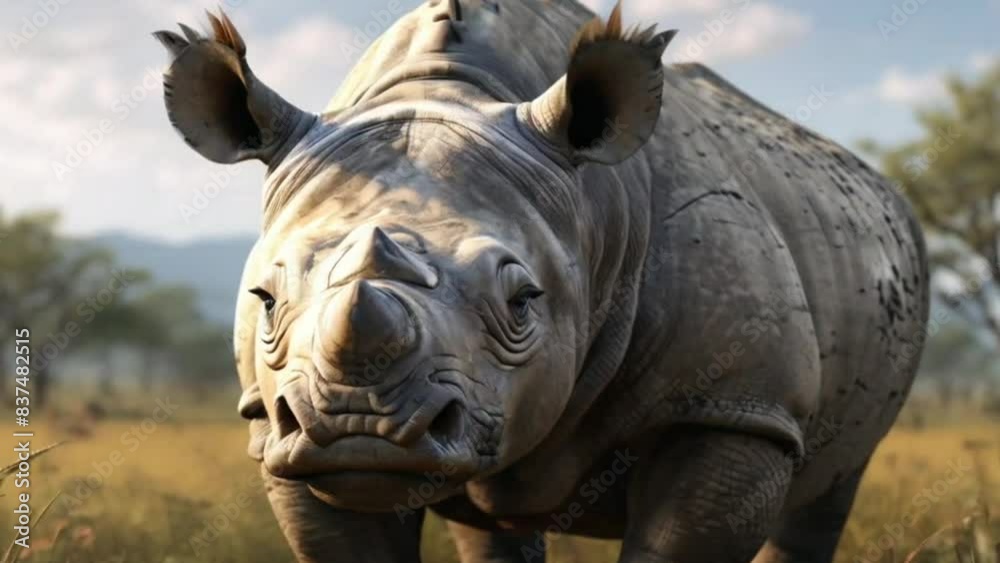 a close up of a rhino in a field, rhino rendered, rhinoceros 3d ...