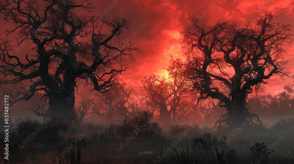 Scary necromancer's field, filled with twisted trees, ghostly figures ...