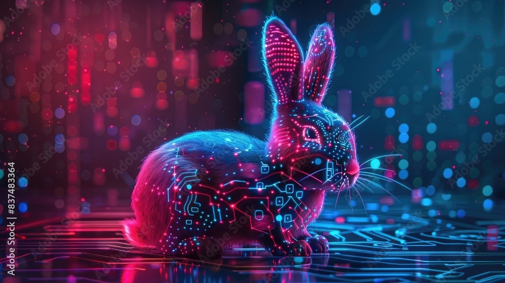 Neon bunny in a futuristic style with hare ears and computer board ...
