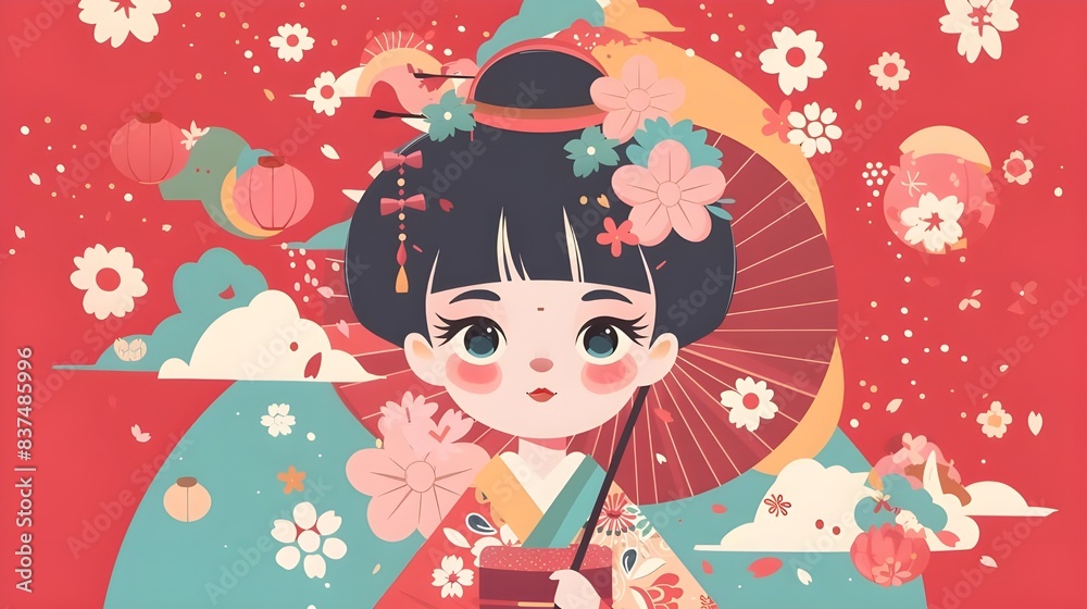 Cute asian young girl in traditional Japanese kimono pink flower, paper ...