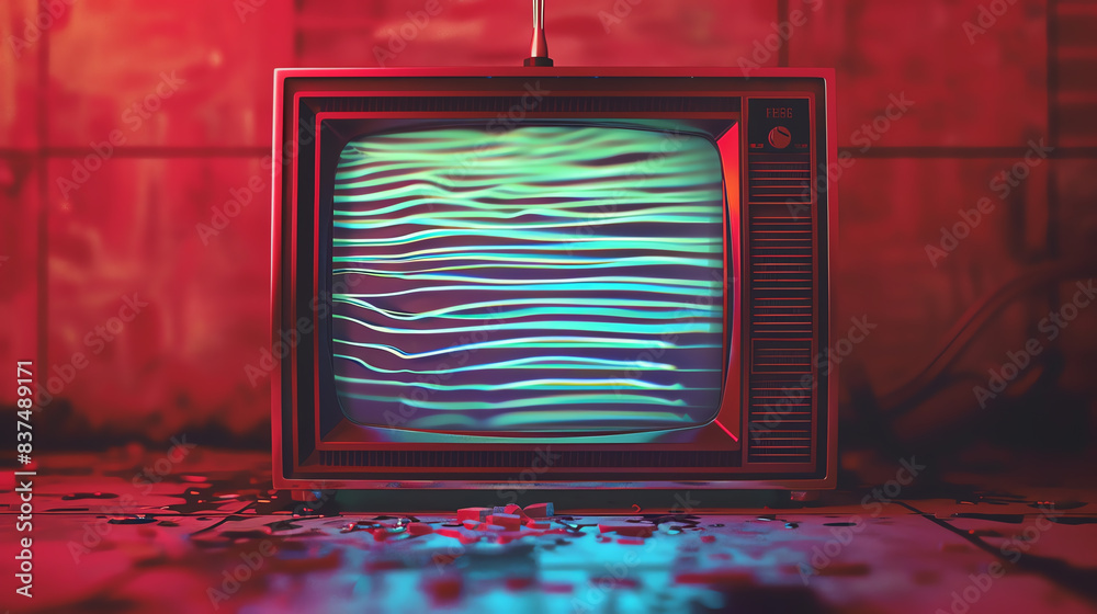 Analog distortion on vintage TV screen, static noise, wavy lines, front ...
