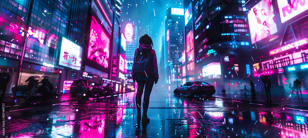Digital noise in cyberpunk scene, neon lights, pixel fragmentation ...